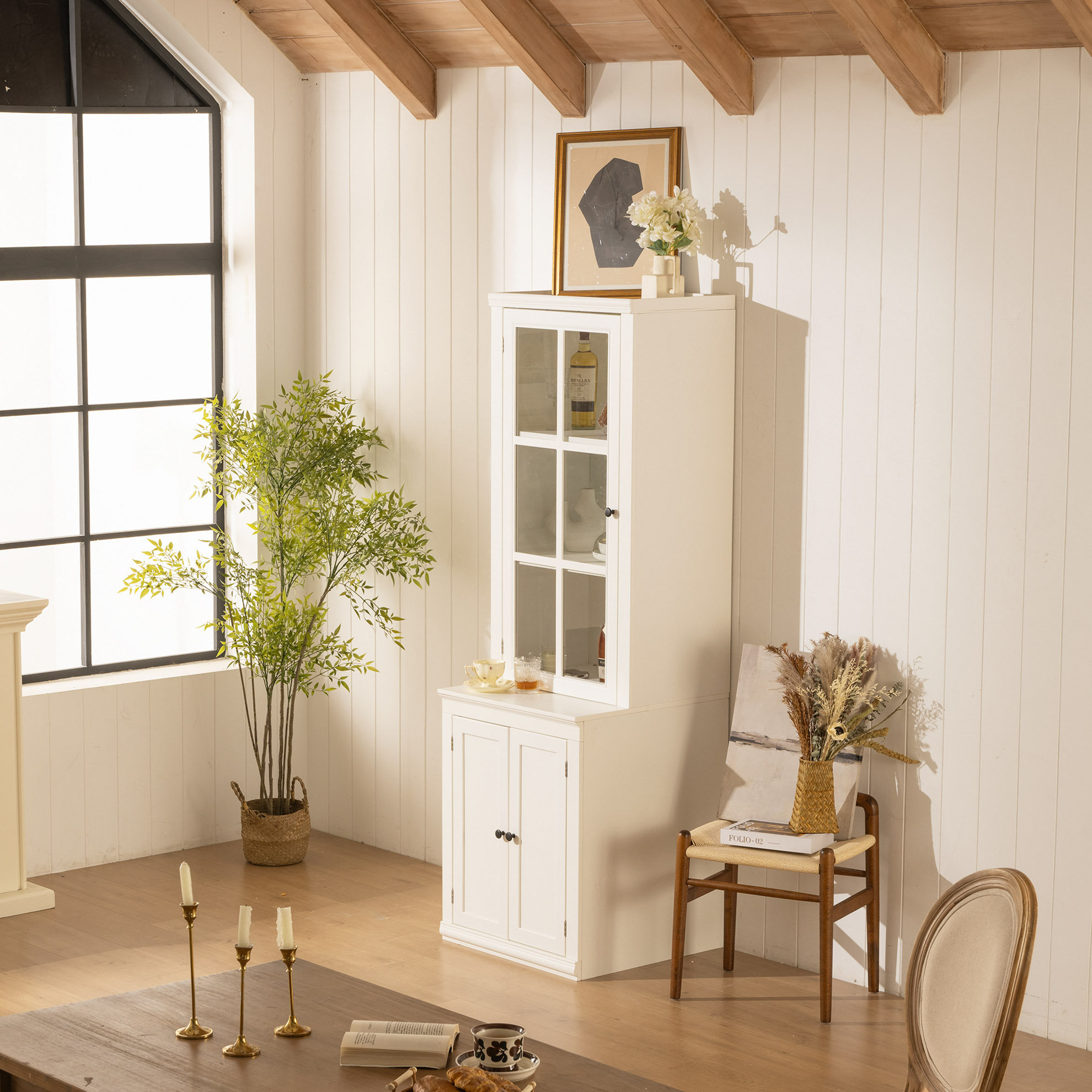 Ophelia & Co. 75.25" Tall Freestanding Pantry Cabinet With Glass Door & Lattice Window,Farmhouse ...